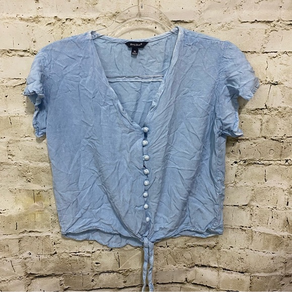 sim & sam | Tops | Sim Sam Blue Chambray V Neck Tie Waist Top | Poshmark